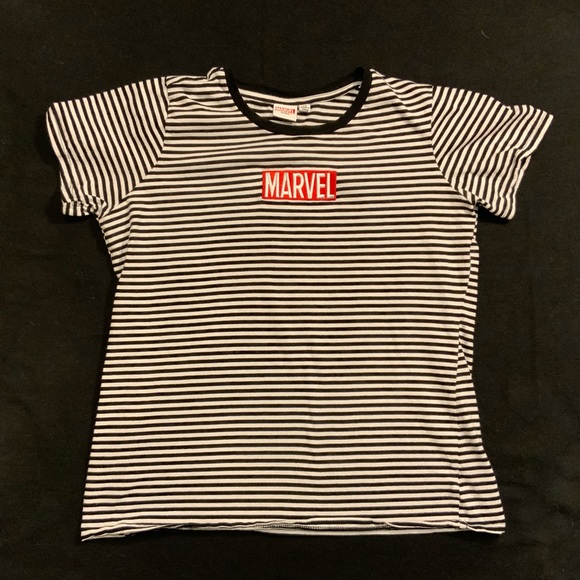 Marvel | Tops | Marvel Embroidered Logo Black White Striped Tshirt ...